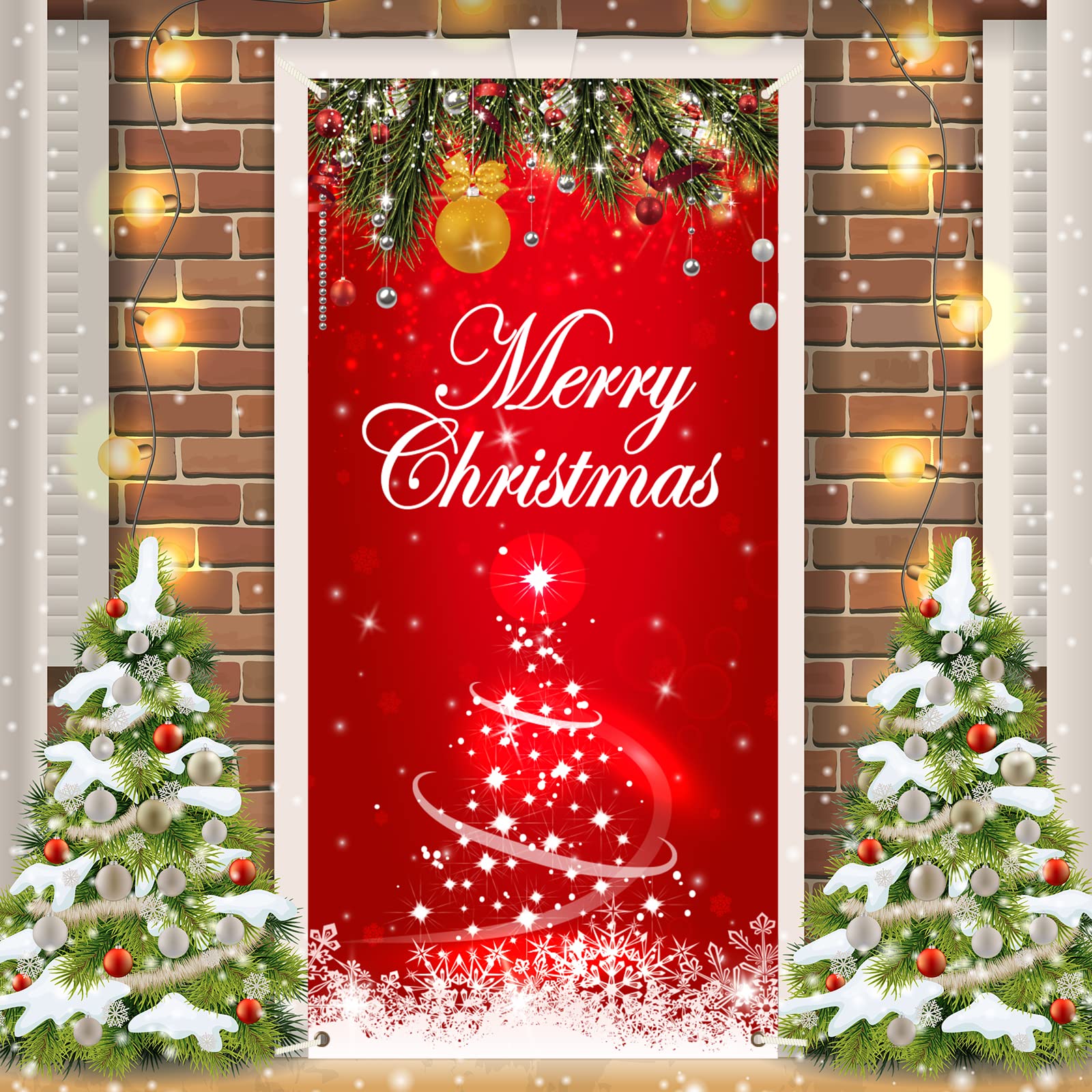 Merry Christmas Door Cover Red Christmas Door Decorations Xmas Backdrop ...