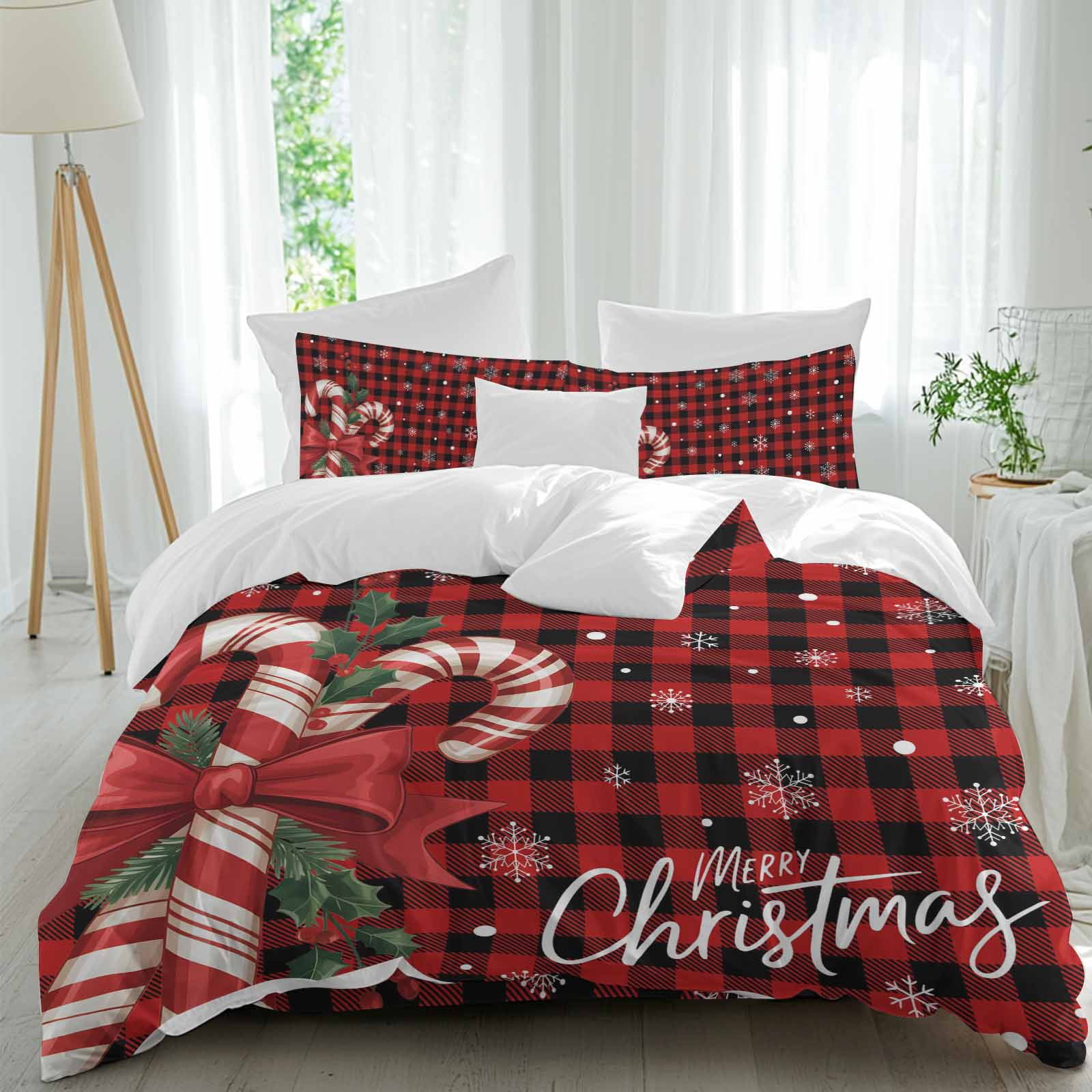 Merry Christmas Duvet Cover Set Full Size, Xmas Red Bowknot Candy Canes ...