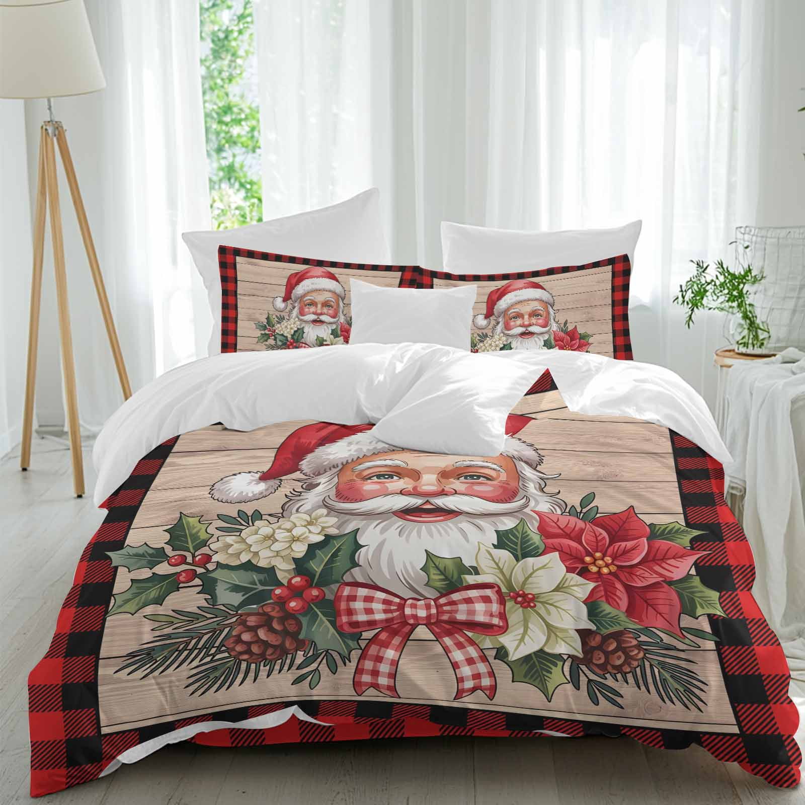 Merry Christmas Duvet Cover Set Queen Size, Xmas Santa Poinsettia Holly ...