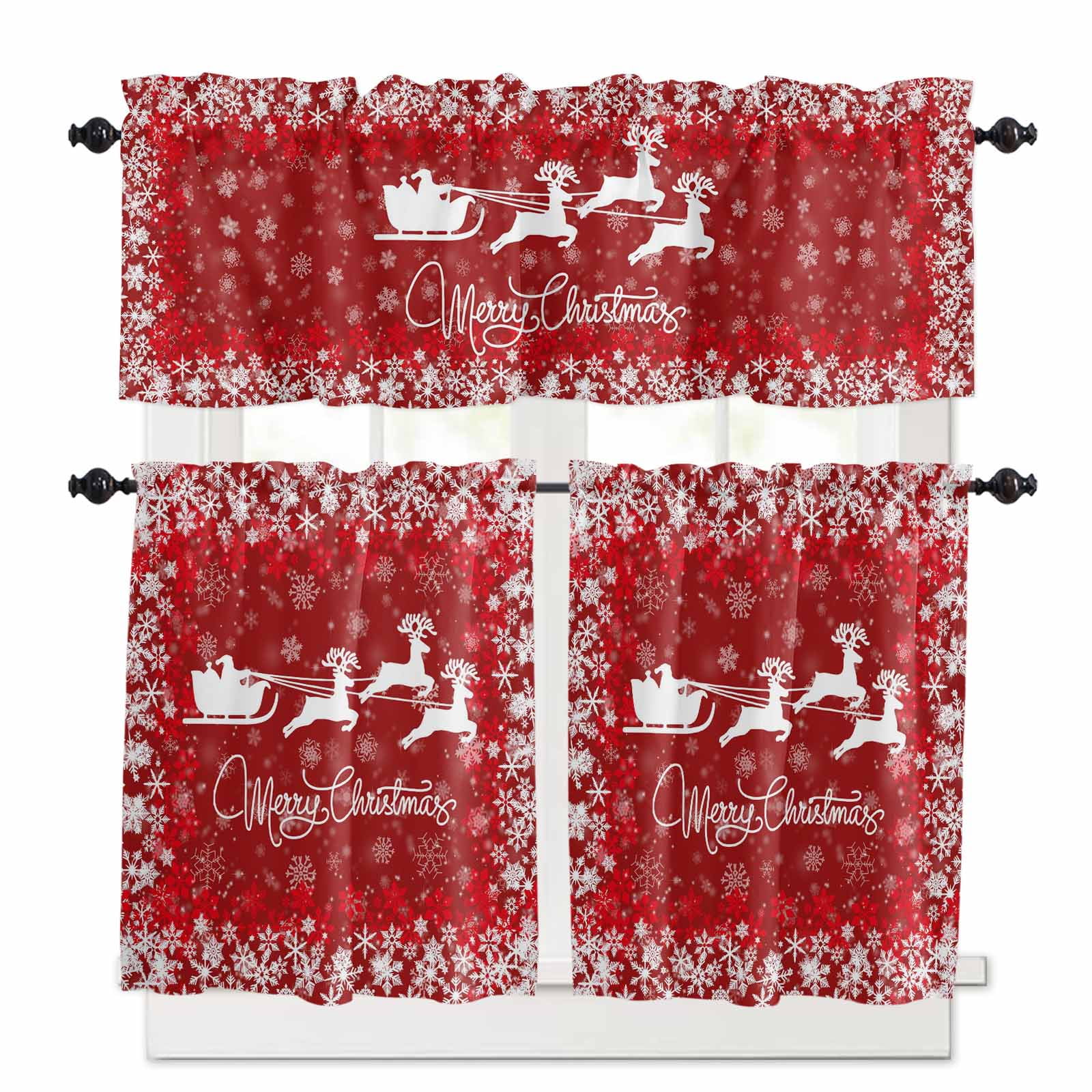 Merry Christmas Elk Kitchen Curtains and Valances Set, Winter Snowflake ...