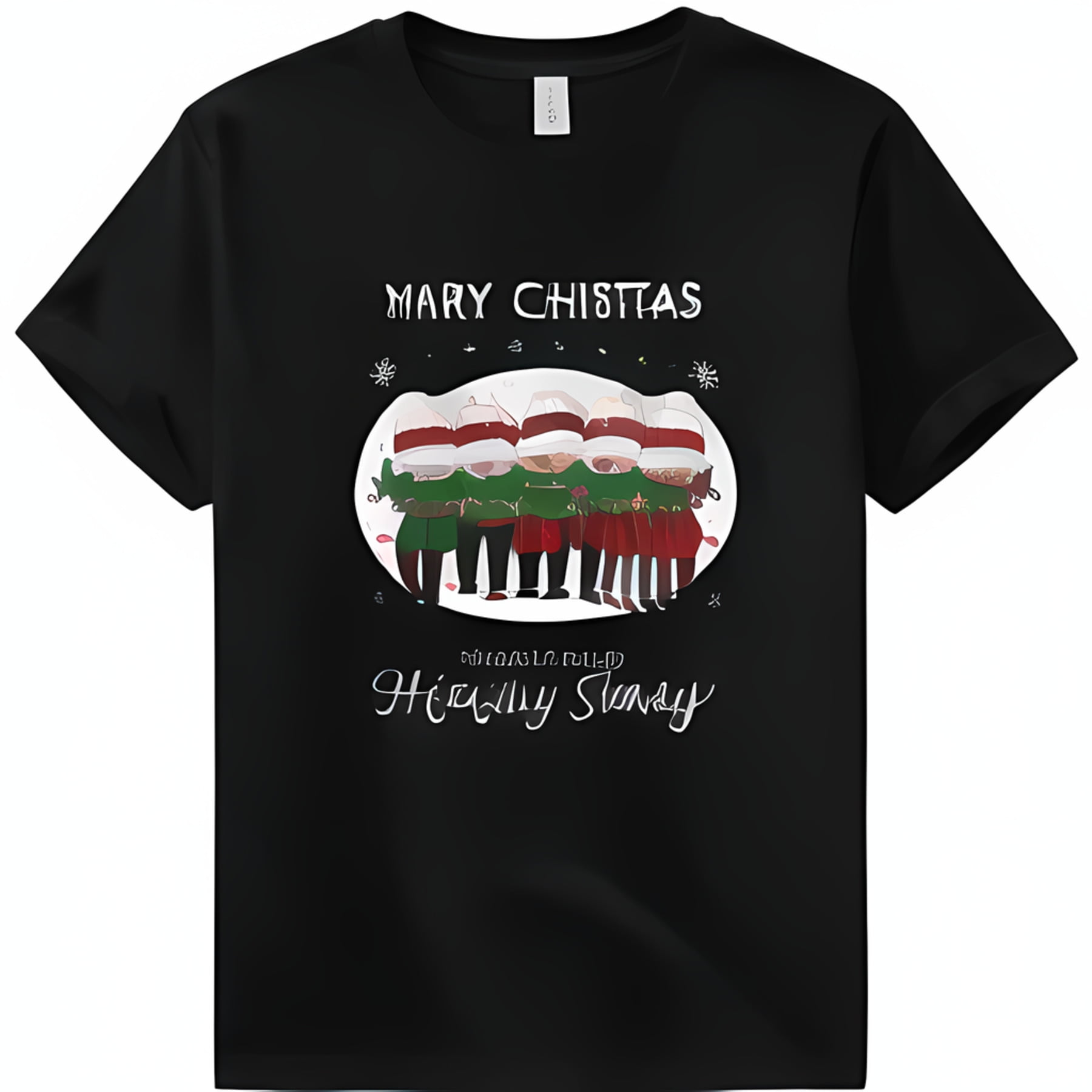 Merry Christmas Elves Circle Logo Black T-Shirt Hyperrealistic Style Vibrant Colors Detailed ...