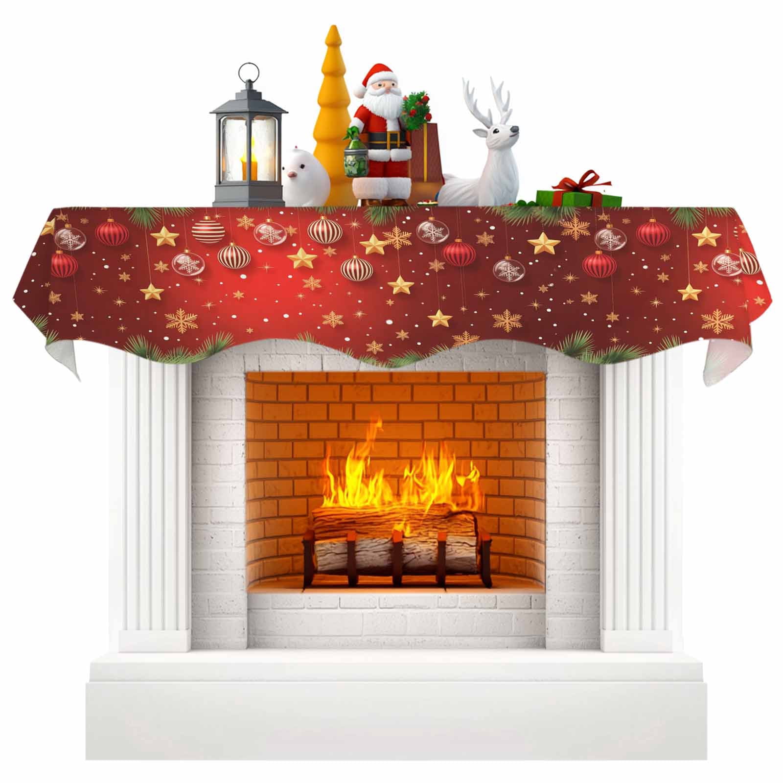 Merry Christmas Fireplace Mantle Scarf, Red Xmas Balls Star Pine Branch ...