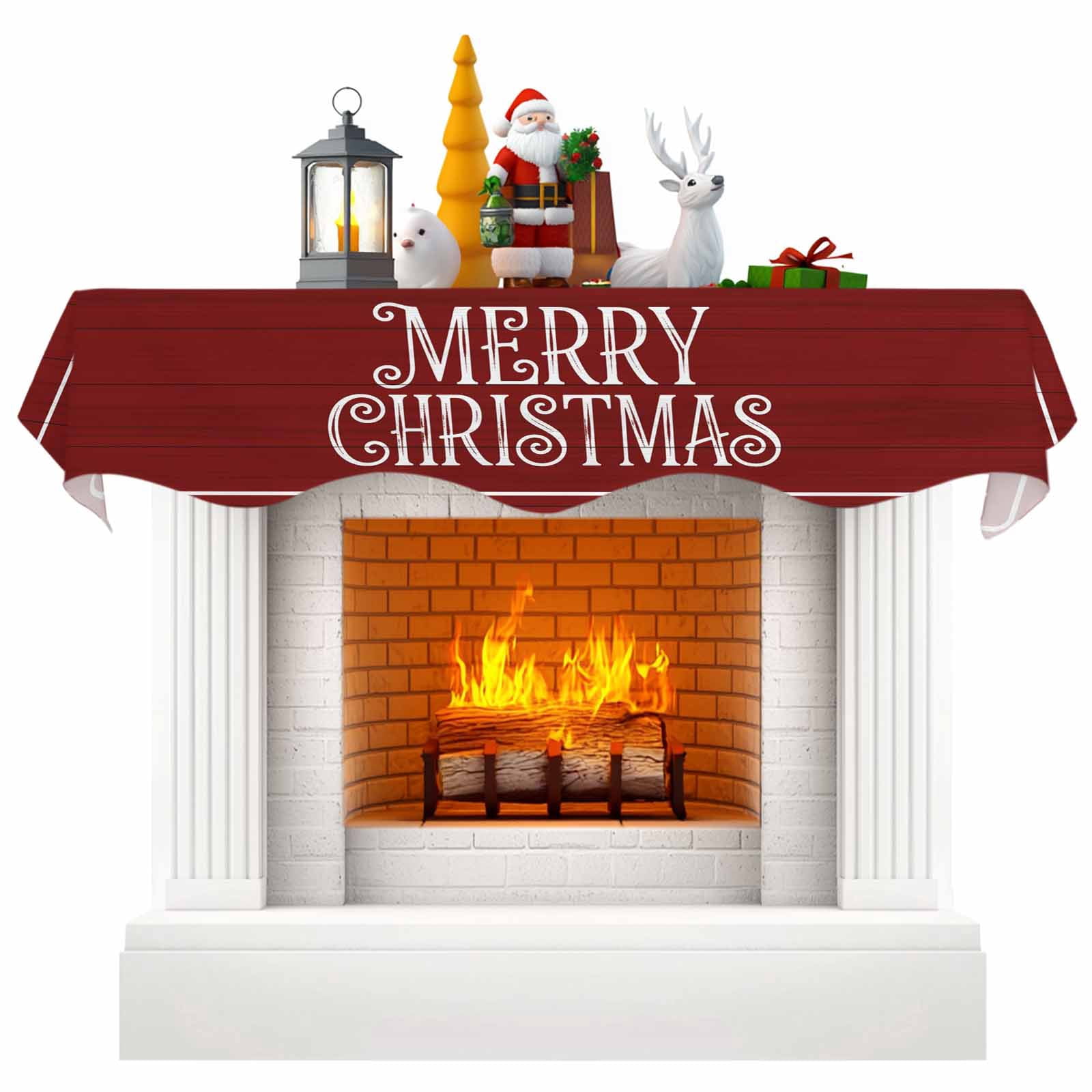 Merry Christmas Fireplace Mantle Scarf, Xmas Red Wooden Winter Holiday ...