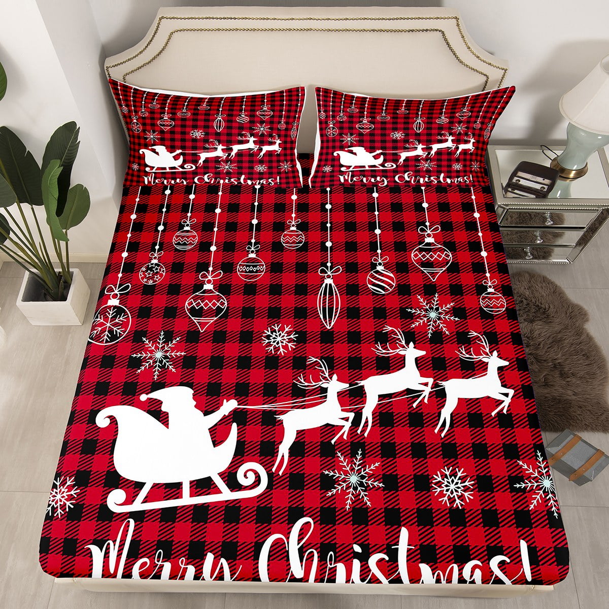 Merry Christmas Fitted Sheet Santa Claus Reindeer Silhouette Print Twin ...