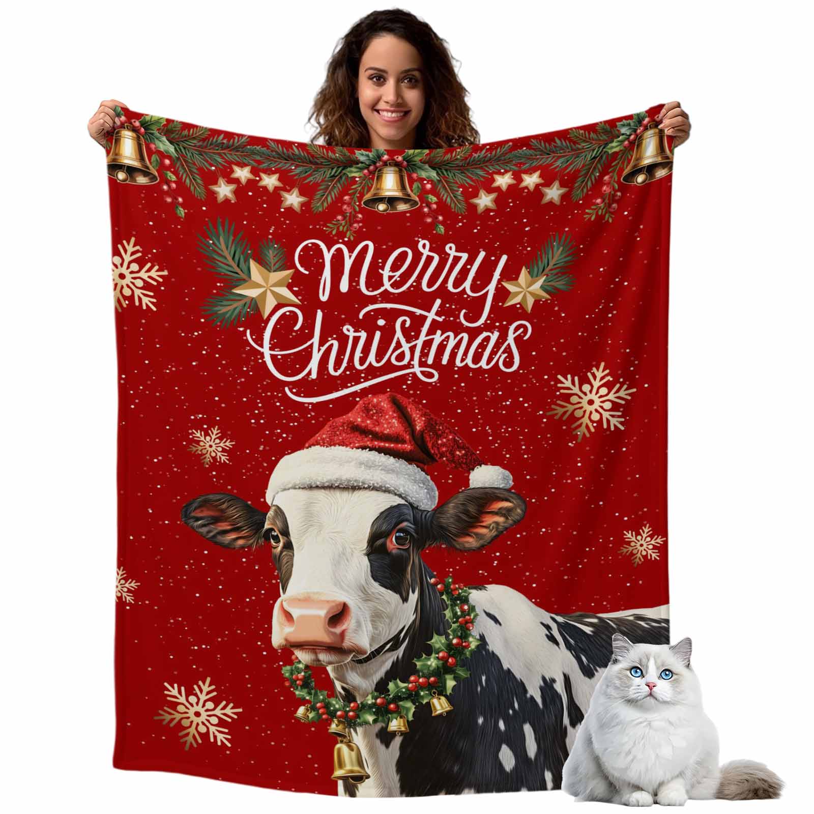 Merry Christmas Fleece Throw Blanket Lightweight Xmas Hat Cow Bell ...