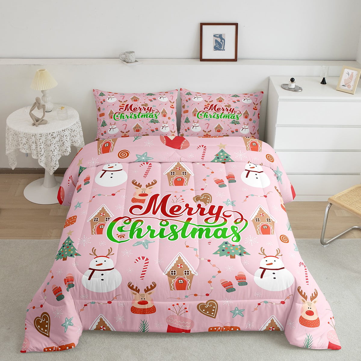 Merry Christmas Full Bed Comforter Set Snowman Christmas Tree Bedding ...
