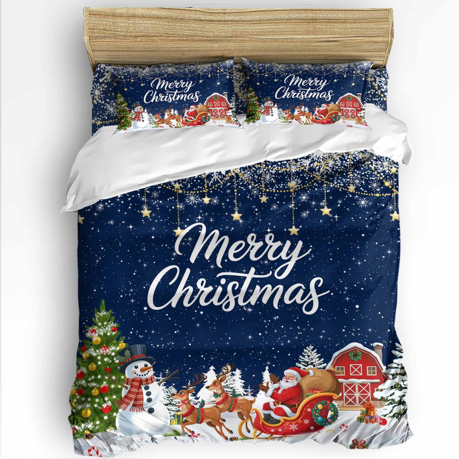 Merry Christmas Full Size Comforter Set, Navy Blue Santa Claus Snowman ...