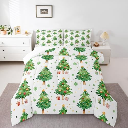 Merry Christmas Full Size Comforter Set,Watercolor Xmas Pine Tree Dots ...