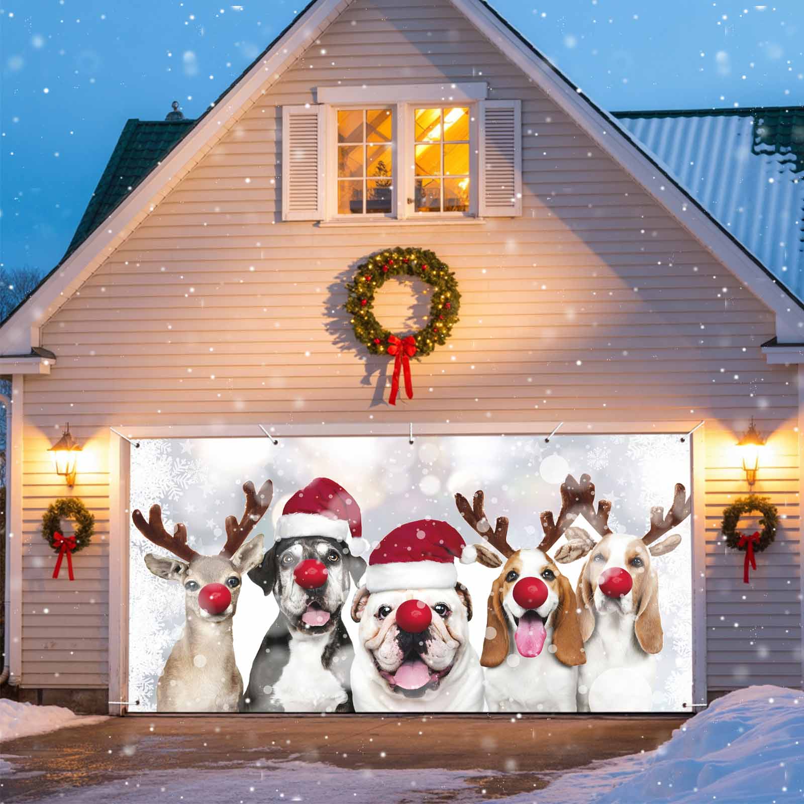 Merry Christmas Garage Door Banner Covers, Cute Red-Nosed Puppy Deer ...