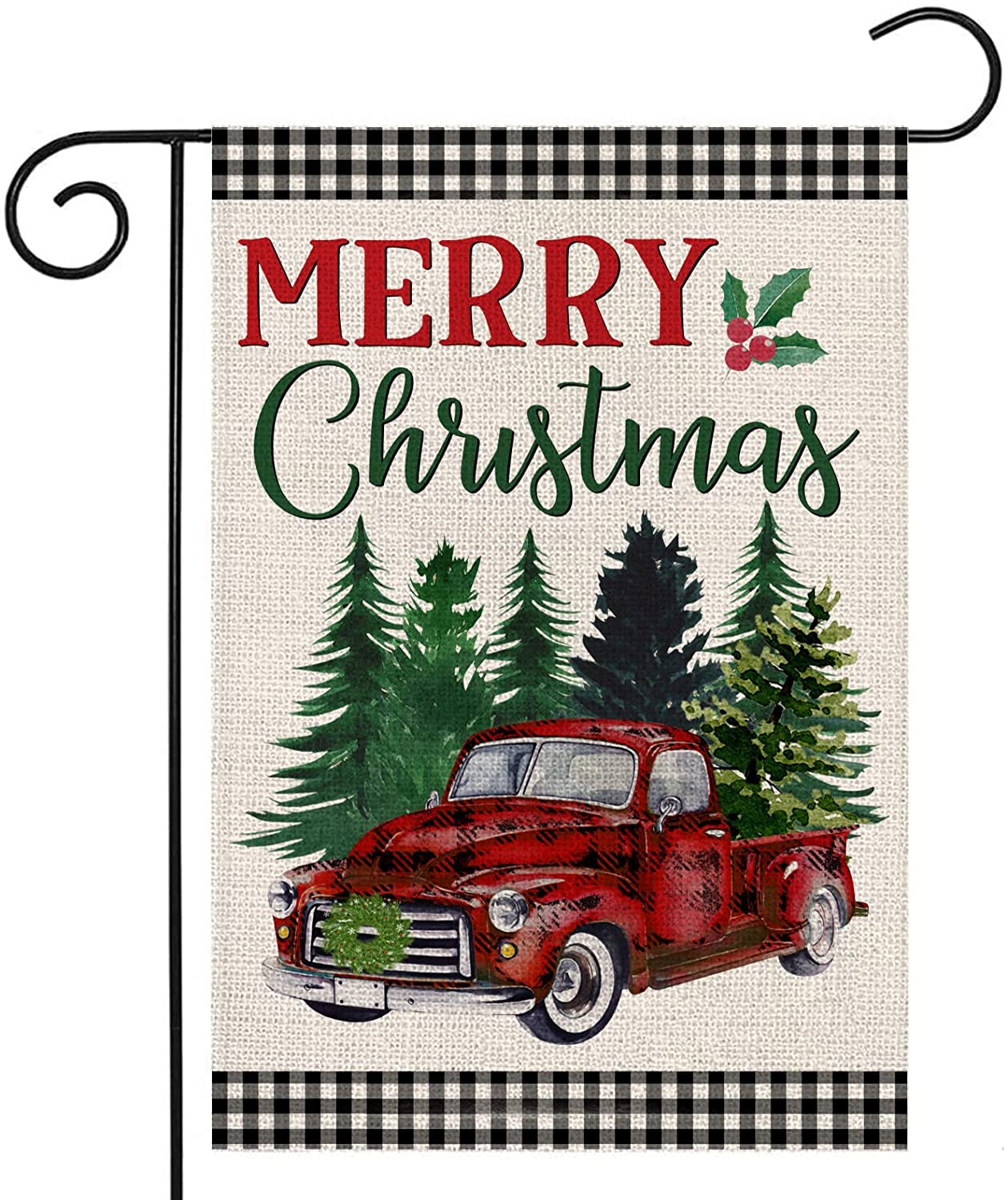 Merry Christmas Garden Flags for Outside, Buffalo Plaid with Red Truck ...