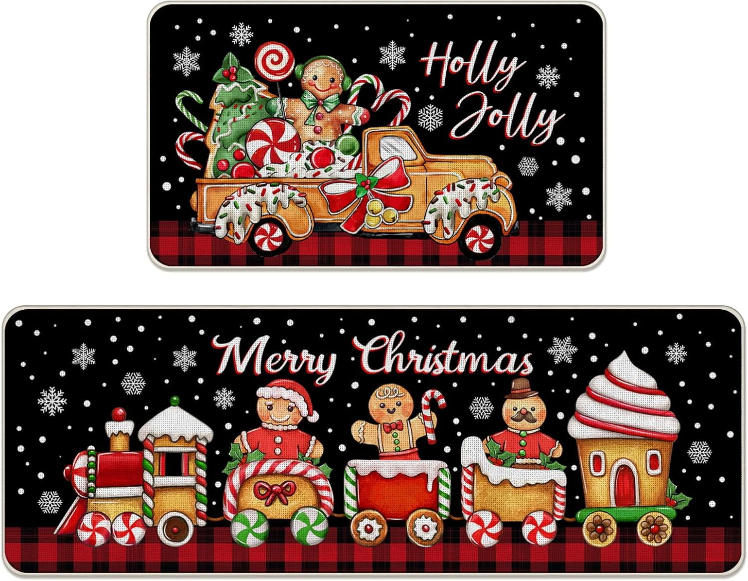 Merry Christmas Gingerbread Man Black Kitchen Rugs Set of 2, Xmas Tree ...
