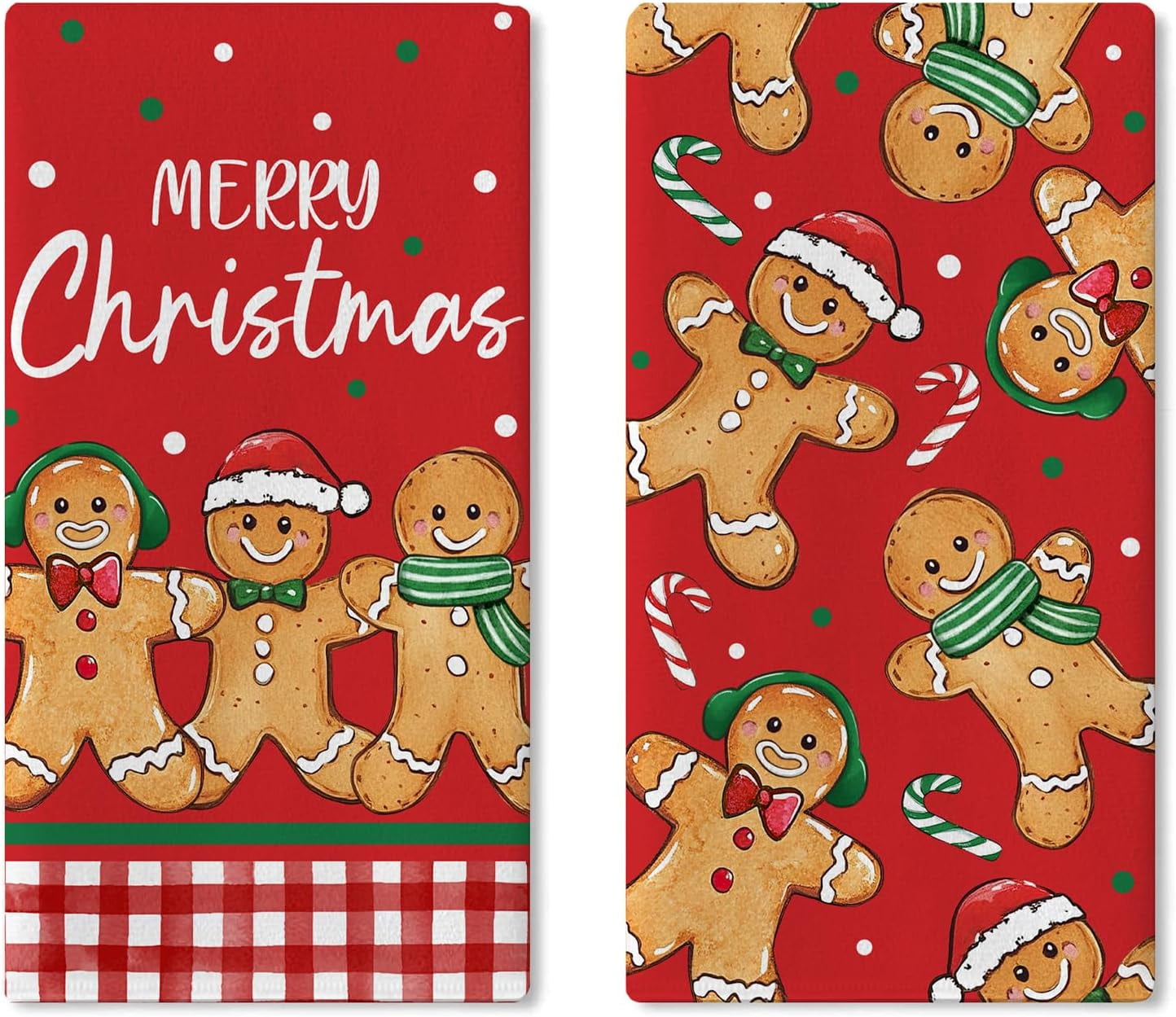 Merry Christmas Gingerbread Man Red Kitchen Dish Towels Set of 2, Xmas ...