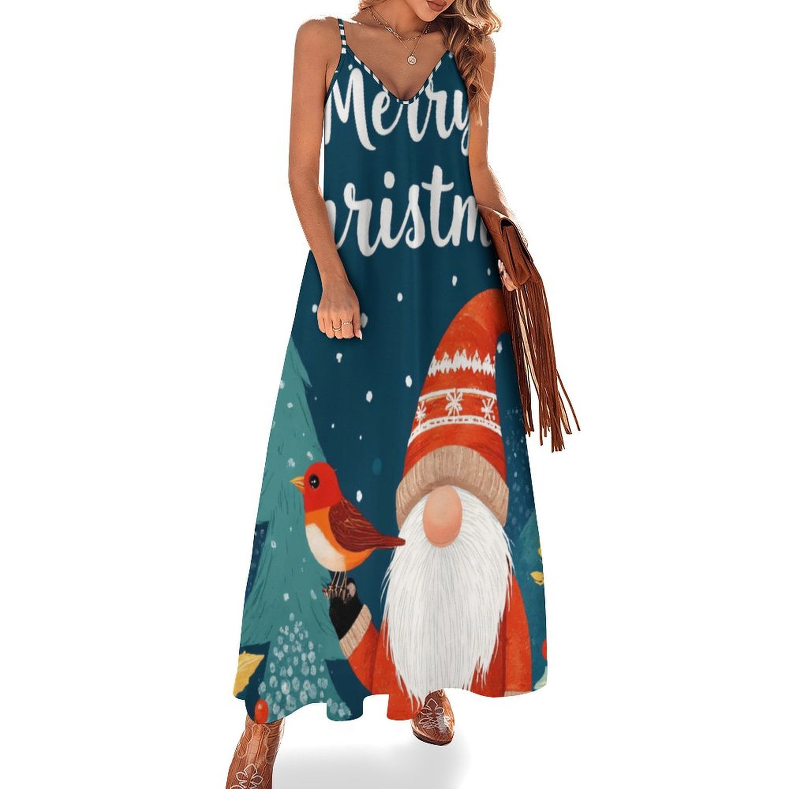 Merry Christmas Gnome And Robin Sleeveless Dress Woman Fashion Long ...