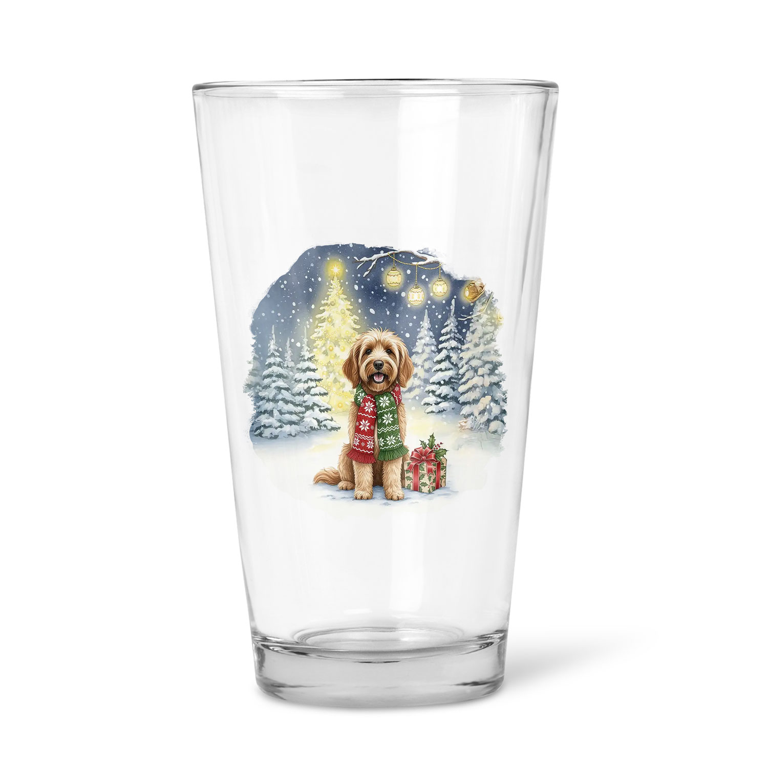 Merry Christmas Goldendoodle Snowy Winter with Gifts Tree Decorations ...