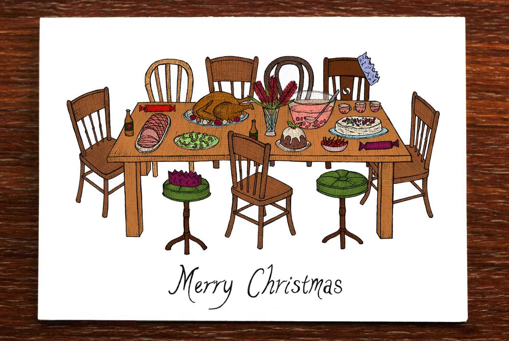 Merry Christmas Greeting Card – Illustrated Family Dinner Table Design ...