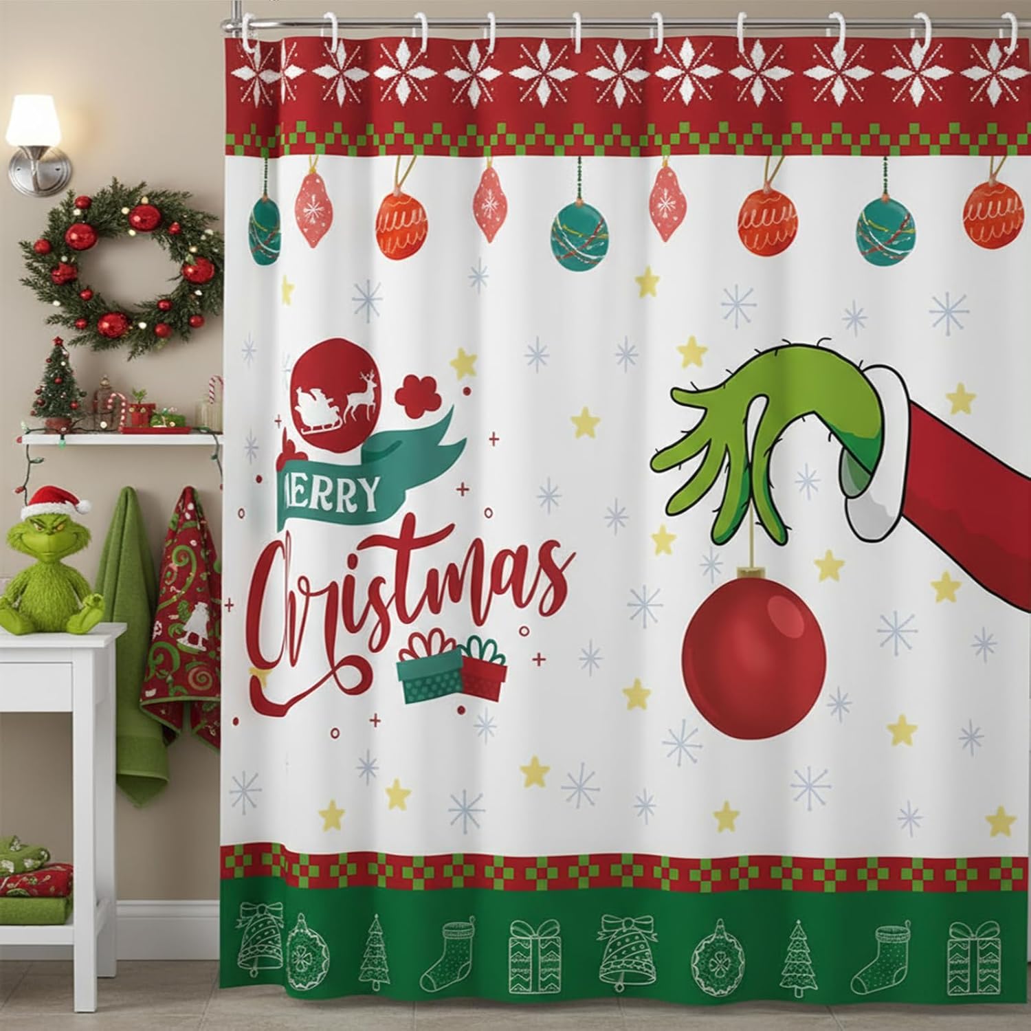 Merry Christmas Grinch Shower Curtain Xmas Balls Snowflake Red Green ...