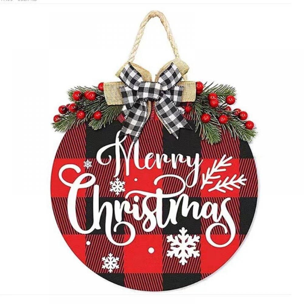Merry Christmas Hanging Sign, Red Plaid Wooden Door Decor Rustic Wall ...