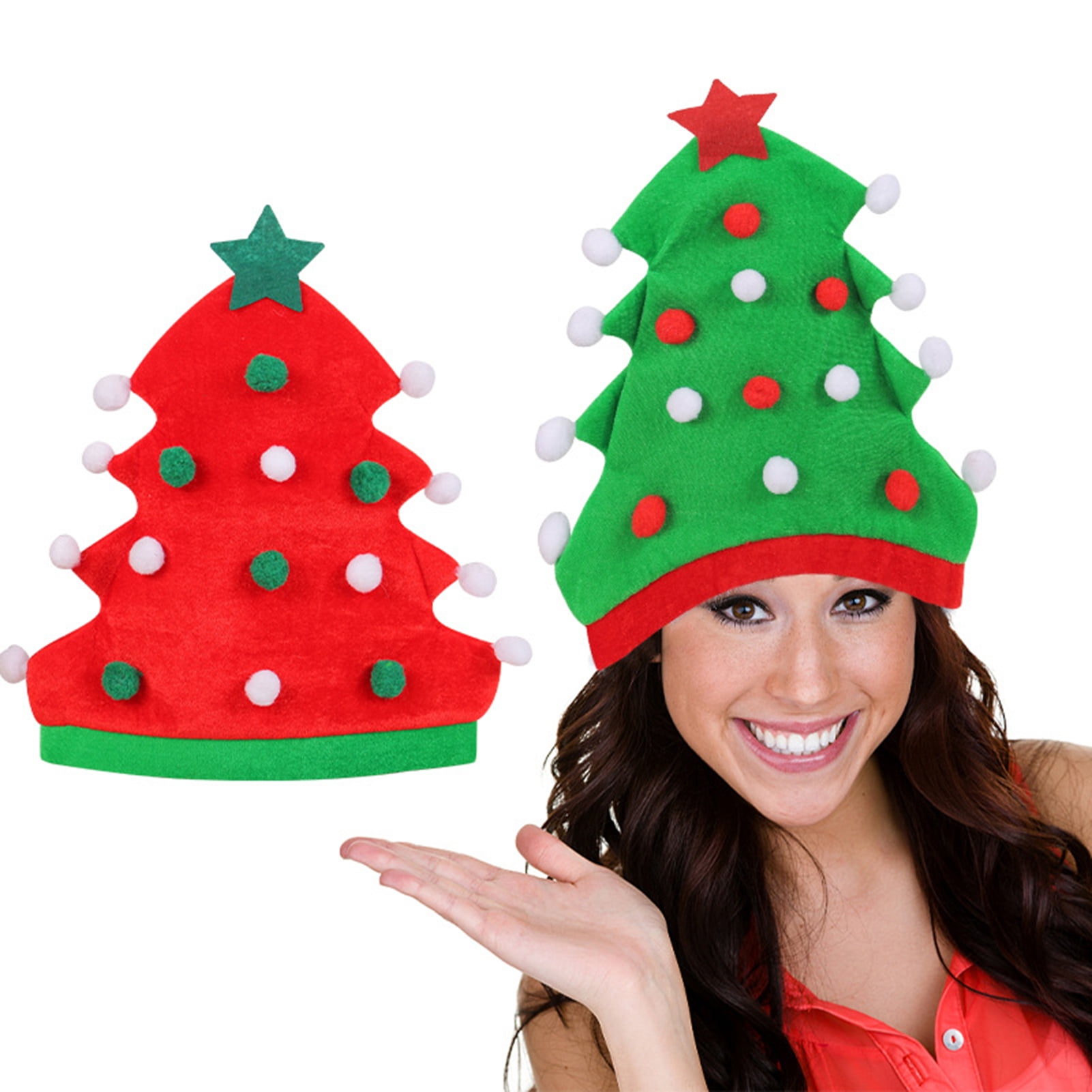 Merry Christmas Hat Decor Red Green Christmas Tree Elf Caps with Plush ...