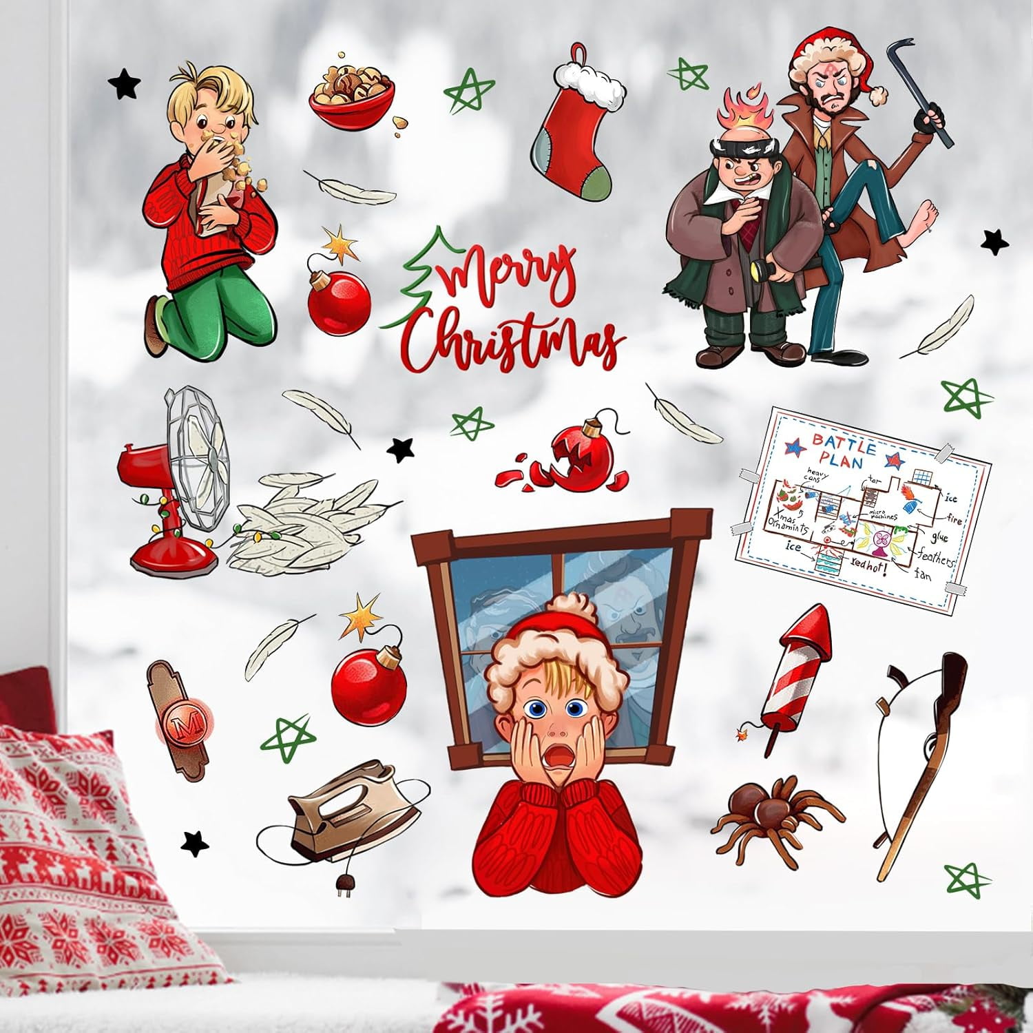 Merry Christmas Home Alone Window Clings 9 Sheets, Xmas Kevin Battle ...