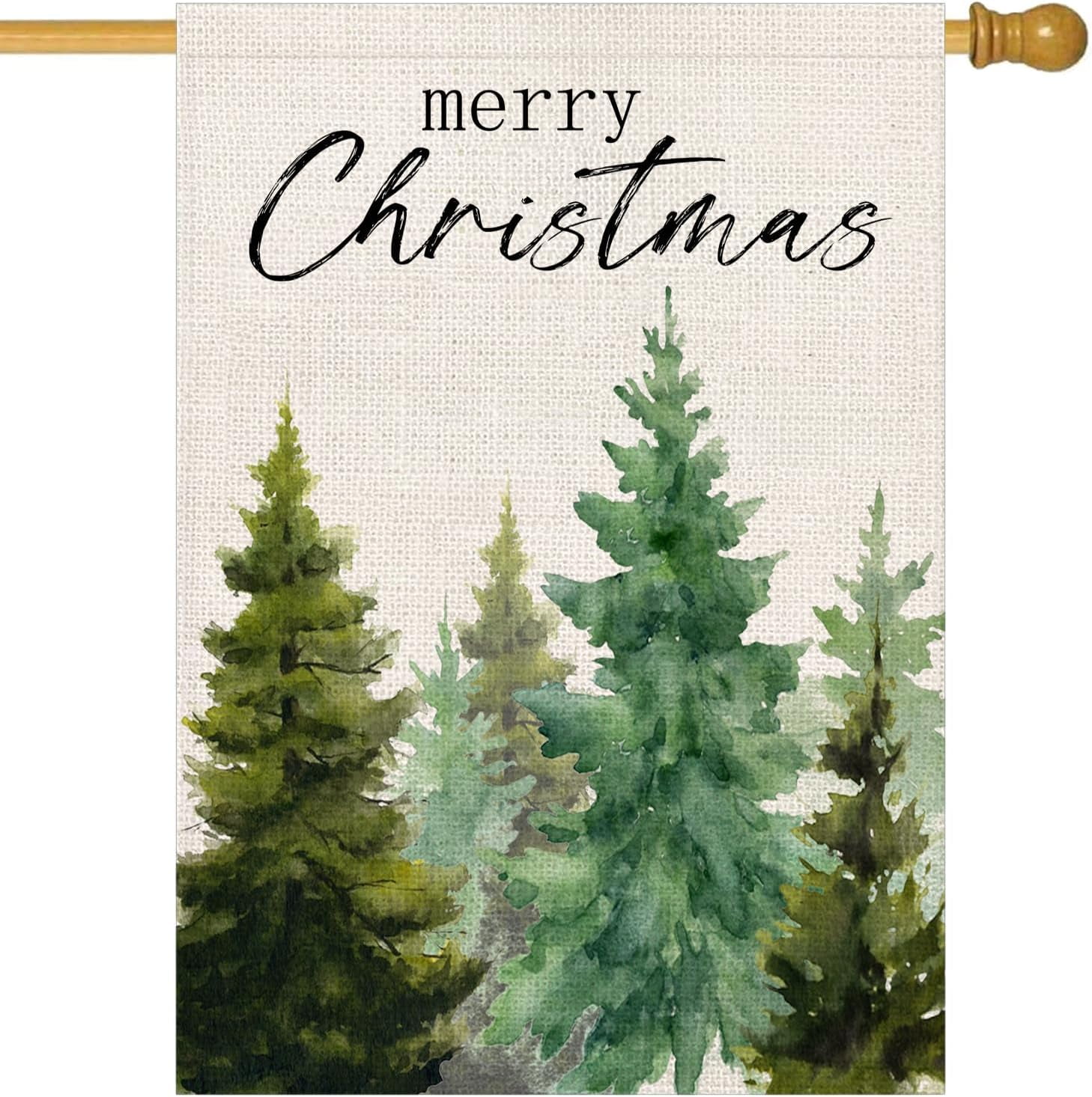 Merry Christmas House Flag Christmas Tree Watercolor Green Farmhouse ...