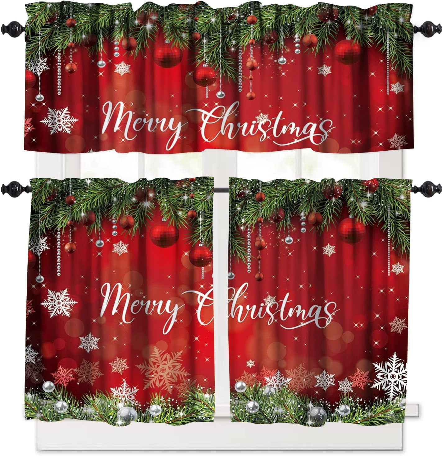 Merry Christmas Kitchen Curtain Tiers and Valance Curtain Sets Cute ...