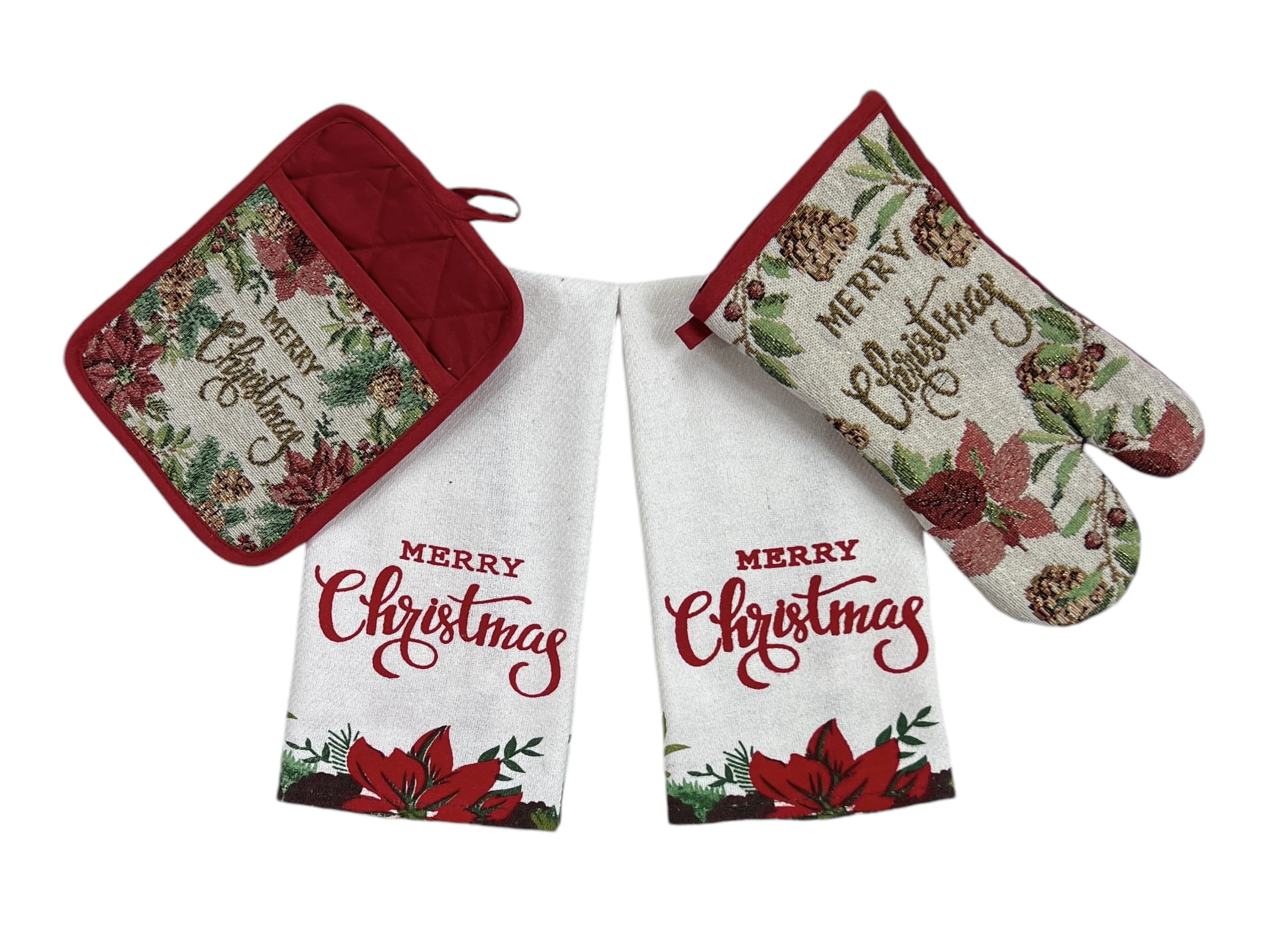 Merry Christmas Kitchen Towel & Pot Holder Set: Red Plaid Weave, Rustic ...