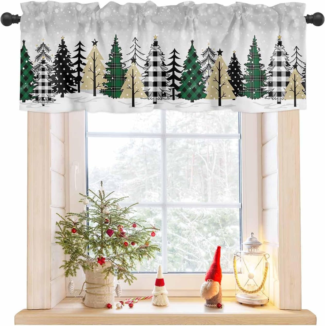 Merry Christmas Kitchen Valance,Plaid Xmas Tree Window Valances,Winter ...