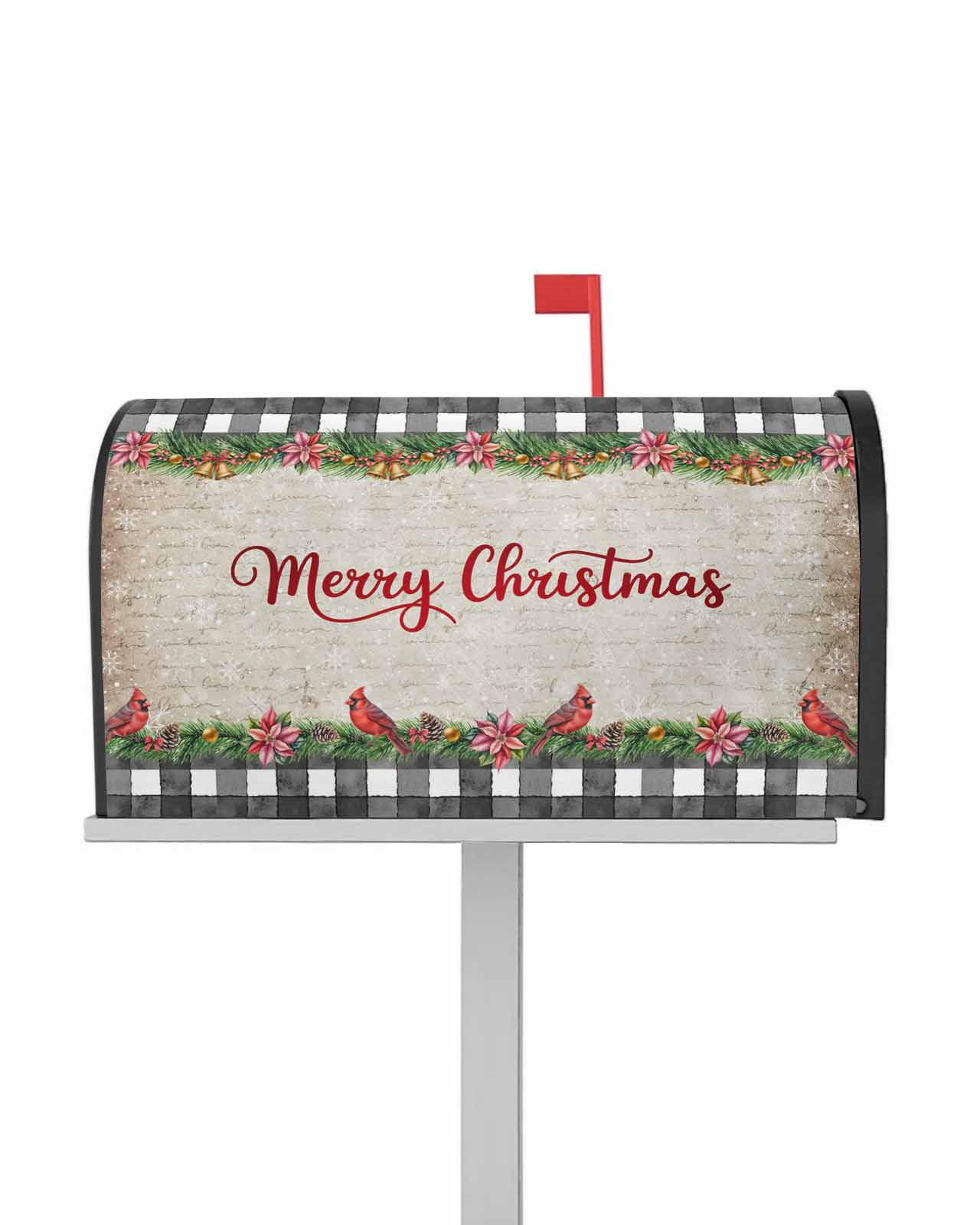 Merry Christmas Mailbox Cover, Cardinal Poinsettia Bell Winter Plaid ...