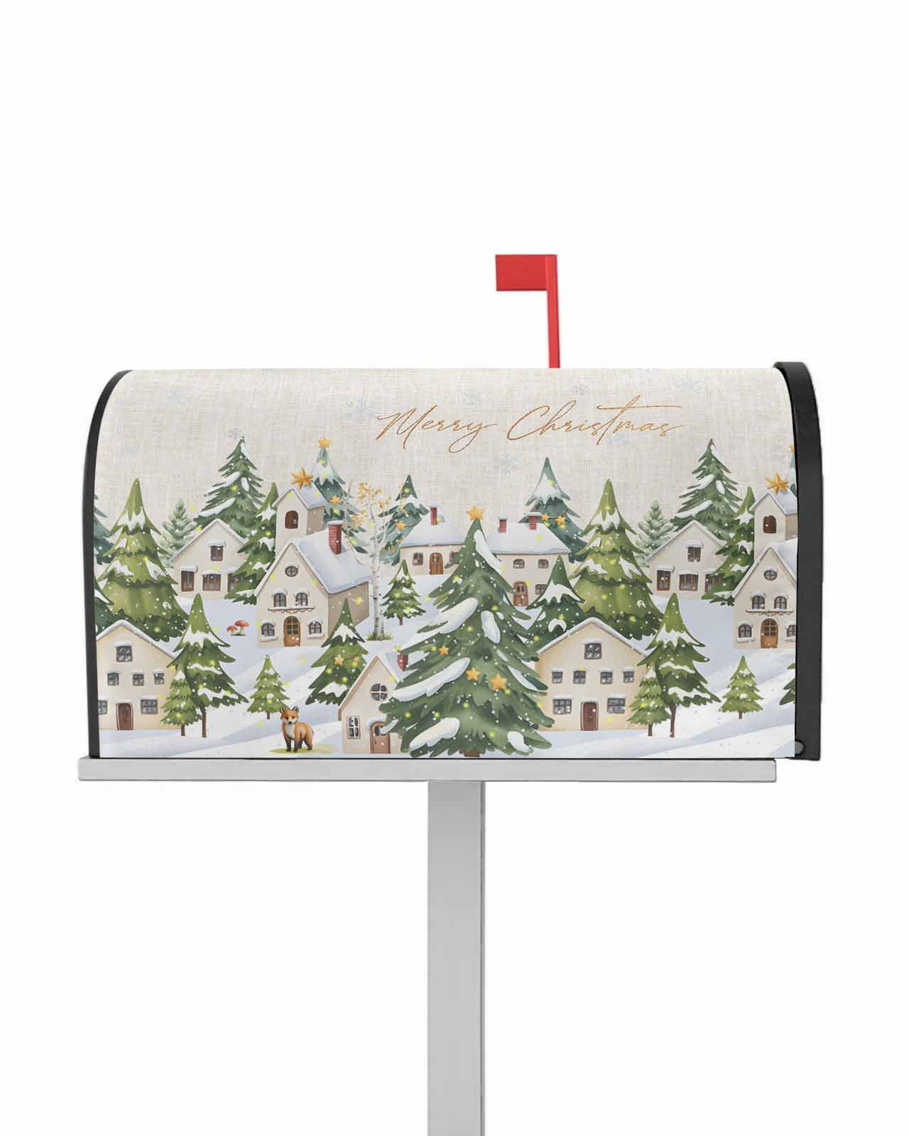 Merry Christmas Mailbox Cover, Christmas Tree Houses Fox Winter ...