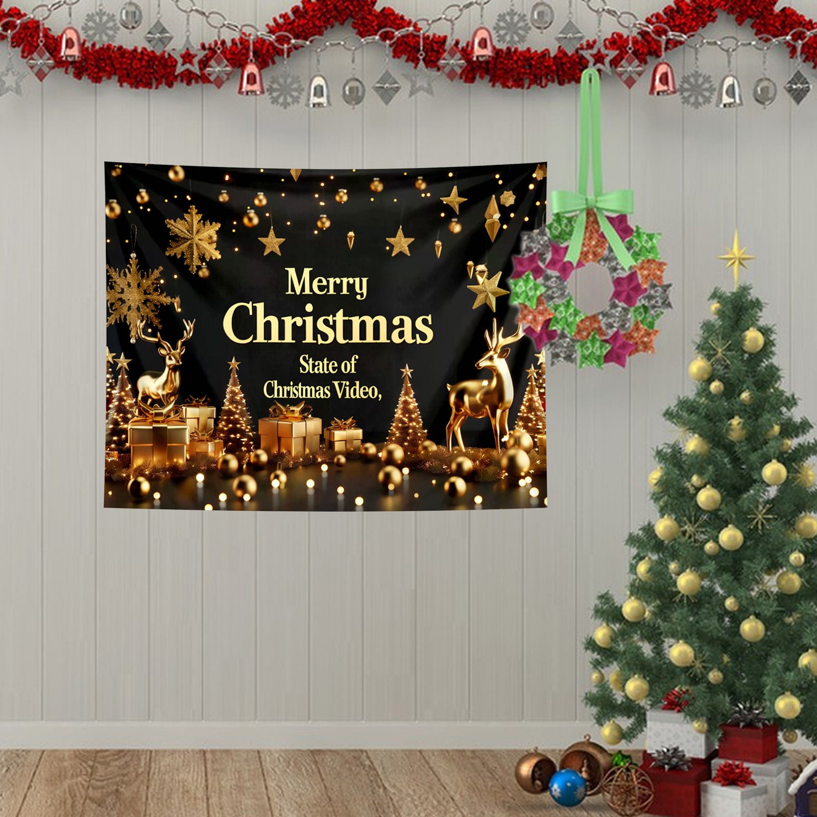 Merry Christmas Party Backdrop Christmas Black Gold Banner Background ...