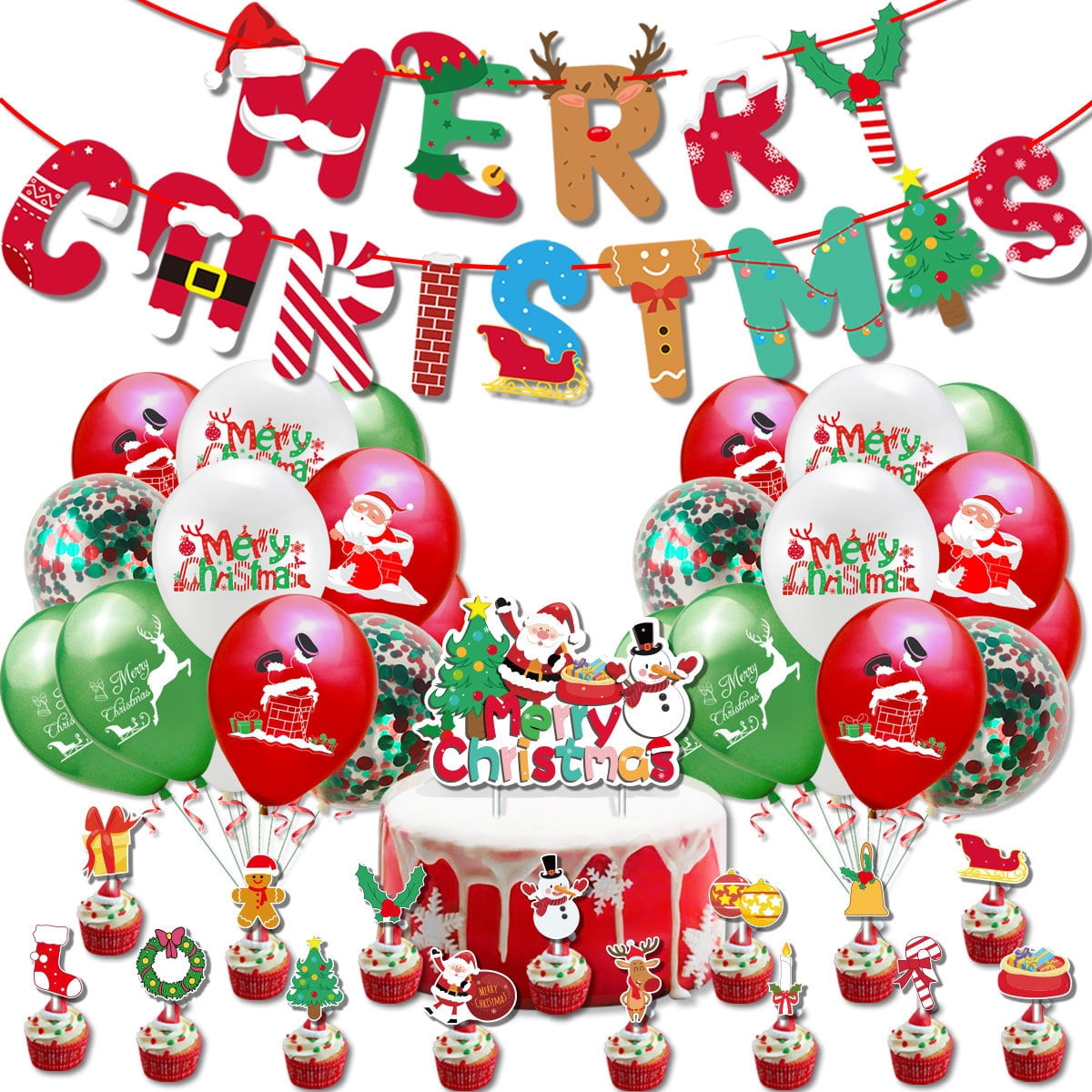 Merry Christmas Party Decorations Santa Elk Banner Balloons Cake Topper ...