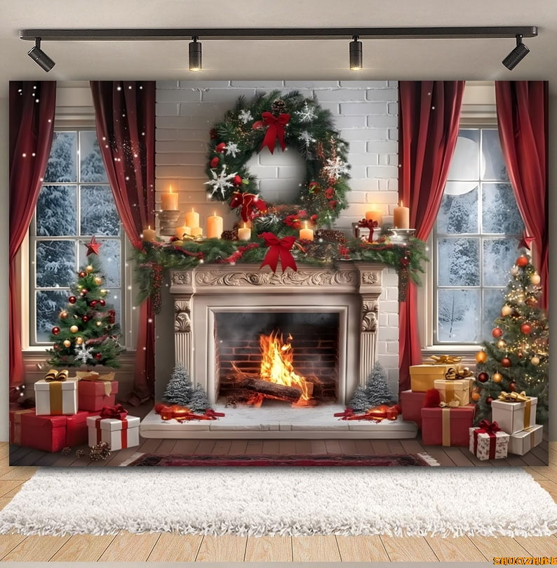 Merry Christmas Photography Backdrops Xmas Tree Fireplace Santa Red Curtain Winter Festival r ...