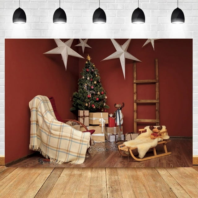 Merry Christmas Photography Background Interior Stars Tree Gifts Chairs ...