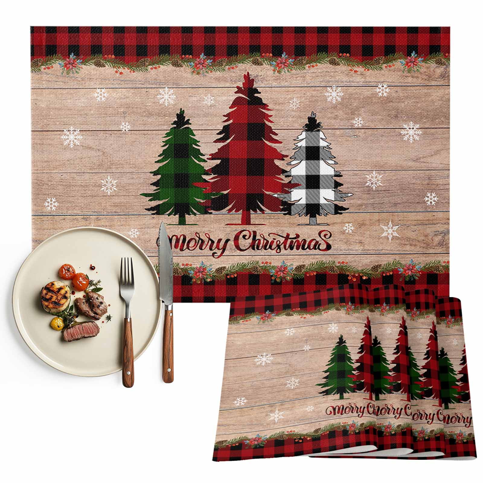 Merry Christmas Placemats Set of 8, Farmhouse Buffalo Plaid Christmas ...