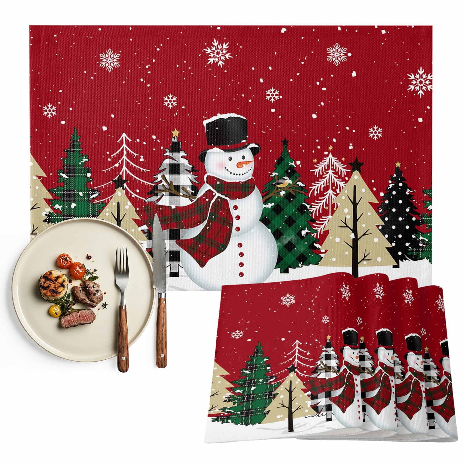 Merry Christmas Placemats Set of 8, Winter Snowman Buffalo Plaid Xmas ...