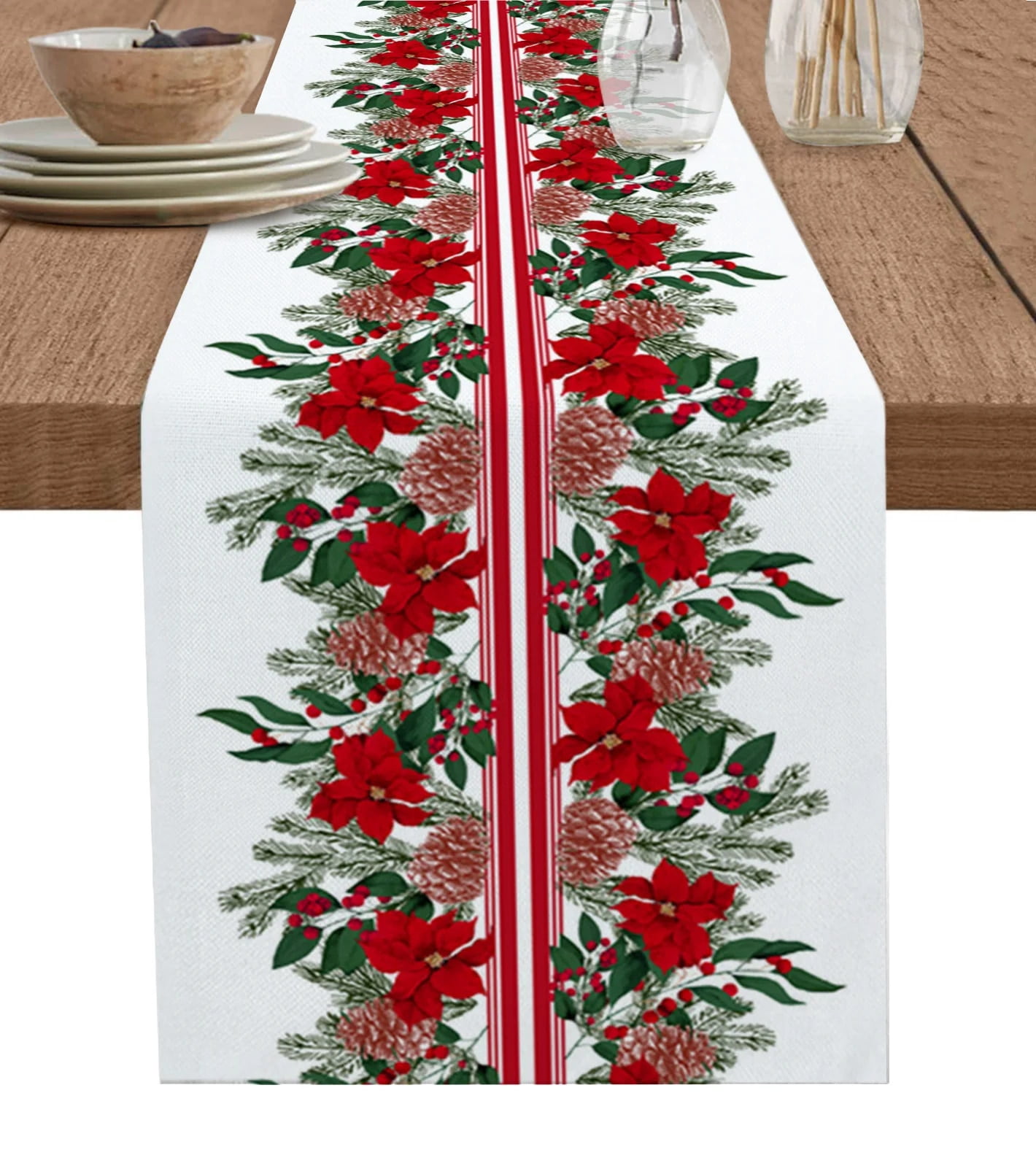 Merry Christmas Poinsettia Pine Needles Table Runner Holiday Party ...
