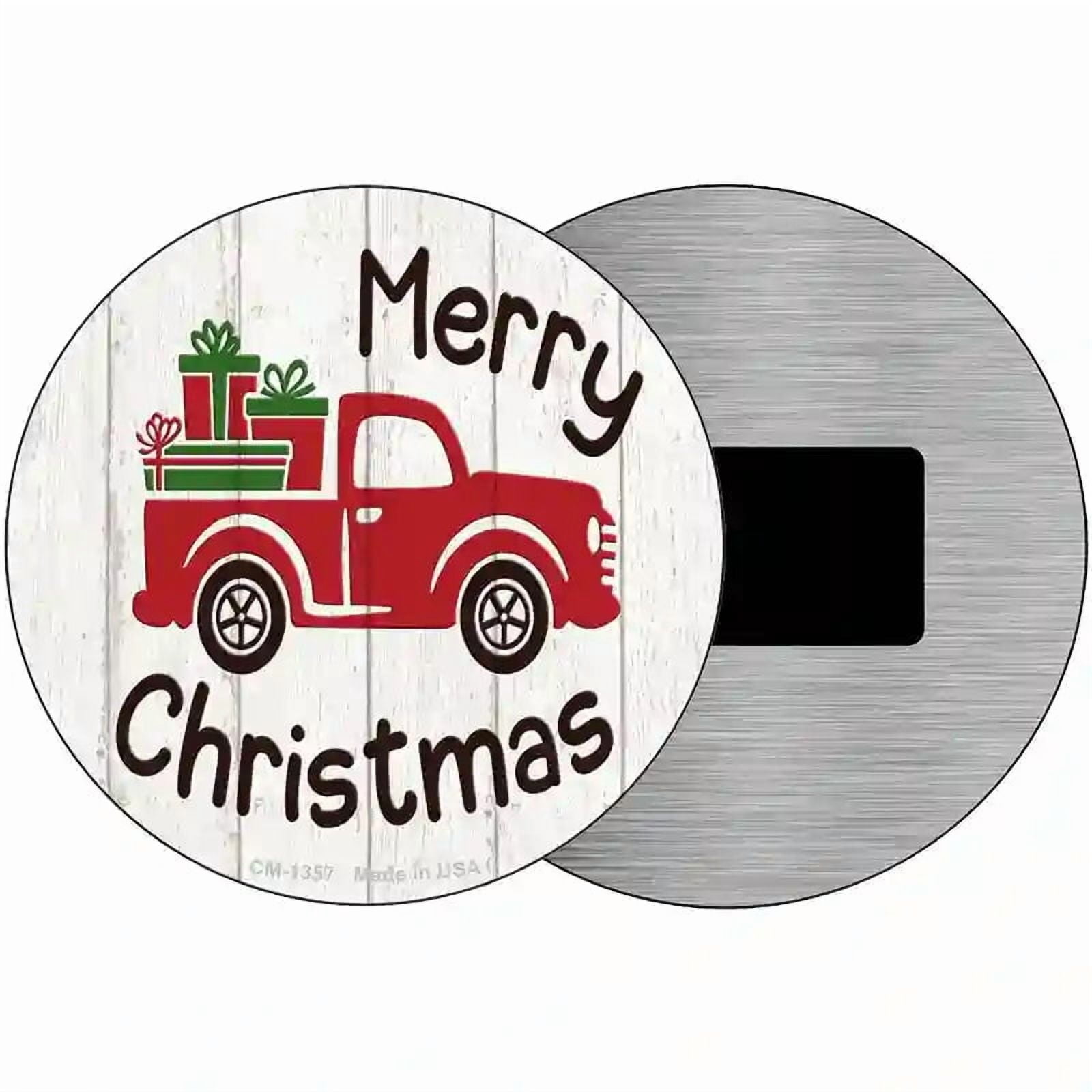 Merry Christmas Present Truck Novelty Metal Circular Sign 3.5" Magnet ...