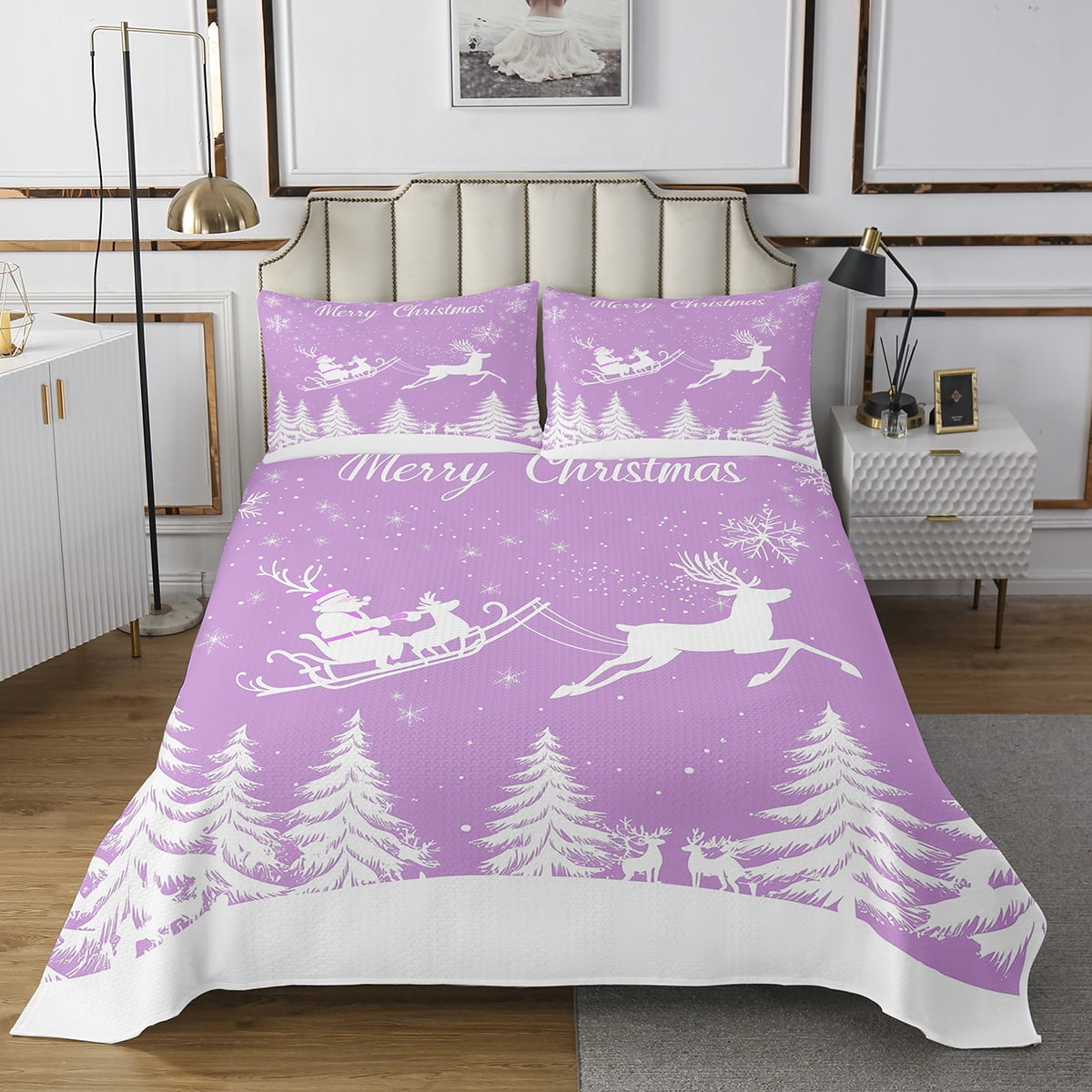 Merry Christmas Quilt Set White Christmas Tree Bedspread Set Queen ...