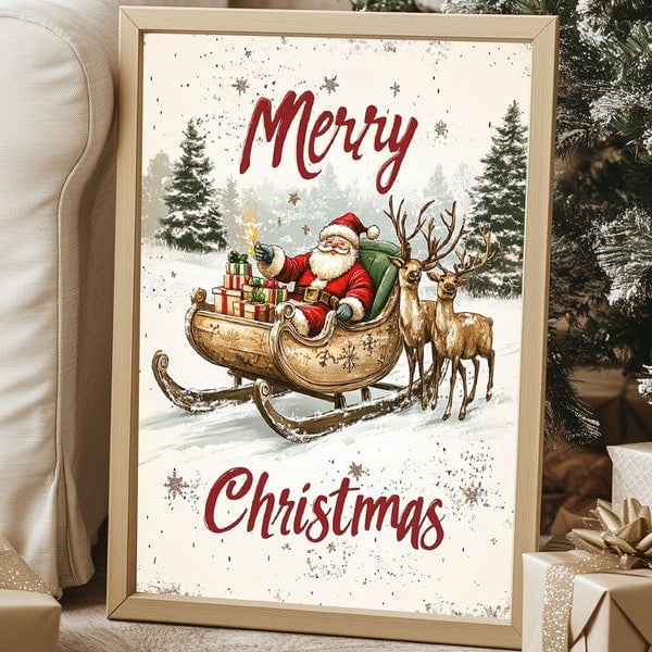 Merry Christmas Quote Poster, Santa Claus And Reindeers Print ...