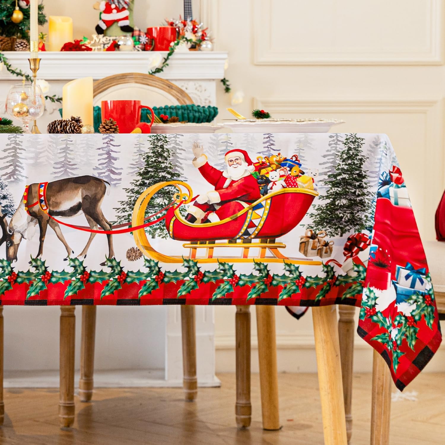 Merry Christmas Rectangle Tablecloth, Winter Santa Claus Reindeer Table ...