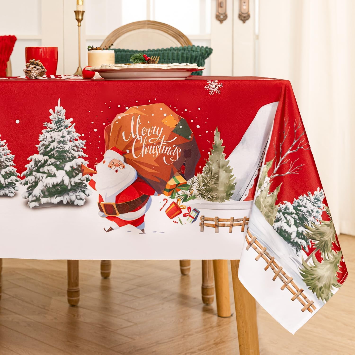 Merry Christmas Rectangle Tablecloth, Winter Santa''s Gift Xmas Tree ...