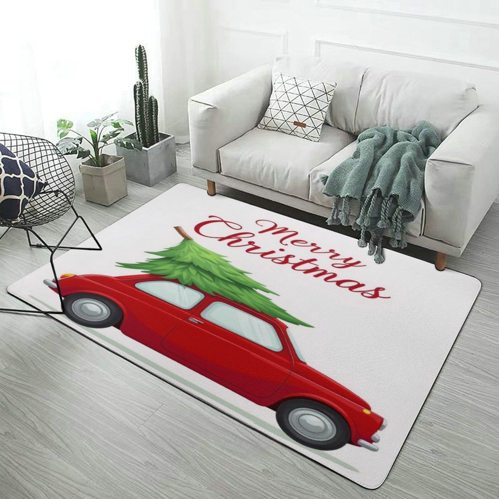 Merry Christmas Red Car Tree Carpet Style Living Room Bedroom Rug Soft ...