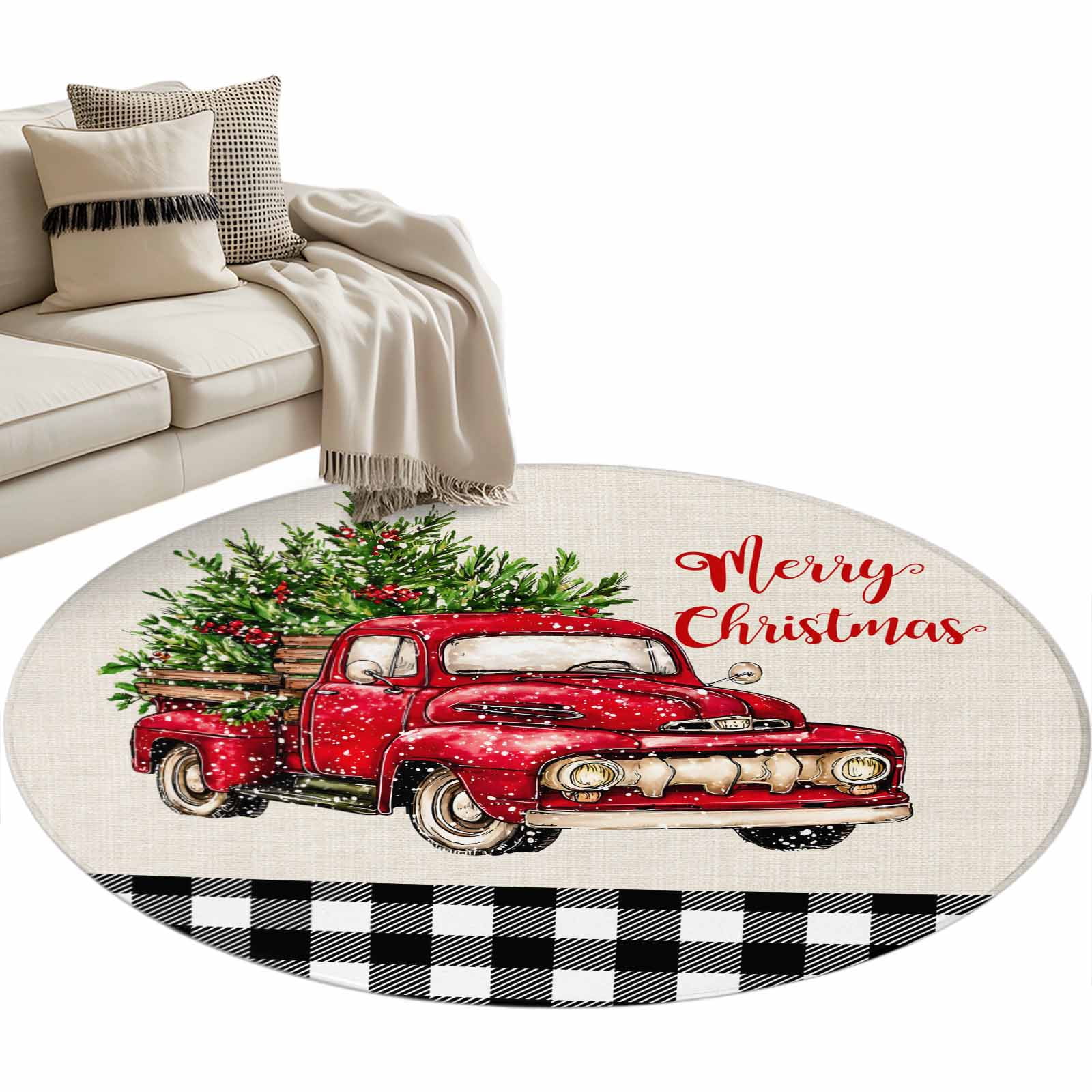 Merry Christmas Red Truck Round Area Rug 3.3ft Snowflakes Xmas Tree ...