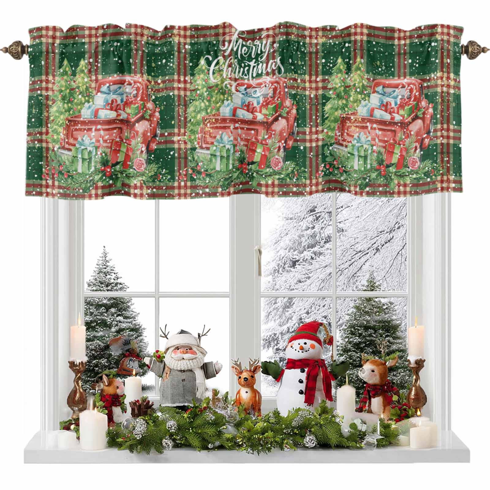 Merry Christmas Red Truck Valance Curtain for Windows Vintage Green ...