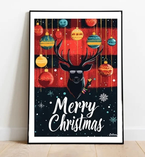 Merry Christmas Reindeer Poster - Matte Vertical Posters, Christmas Art ...