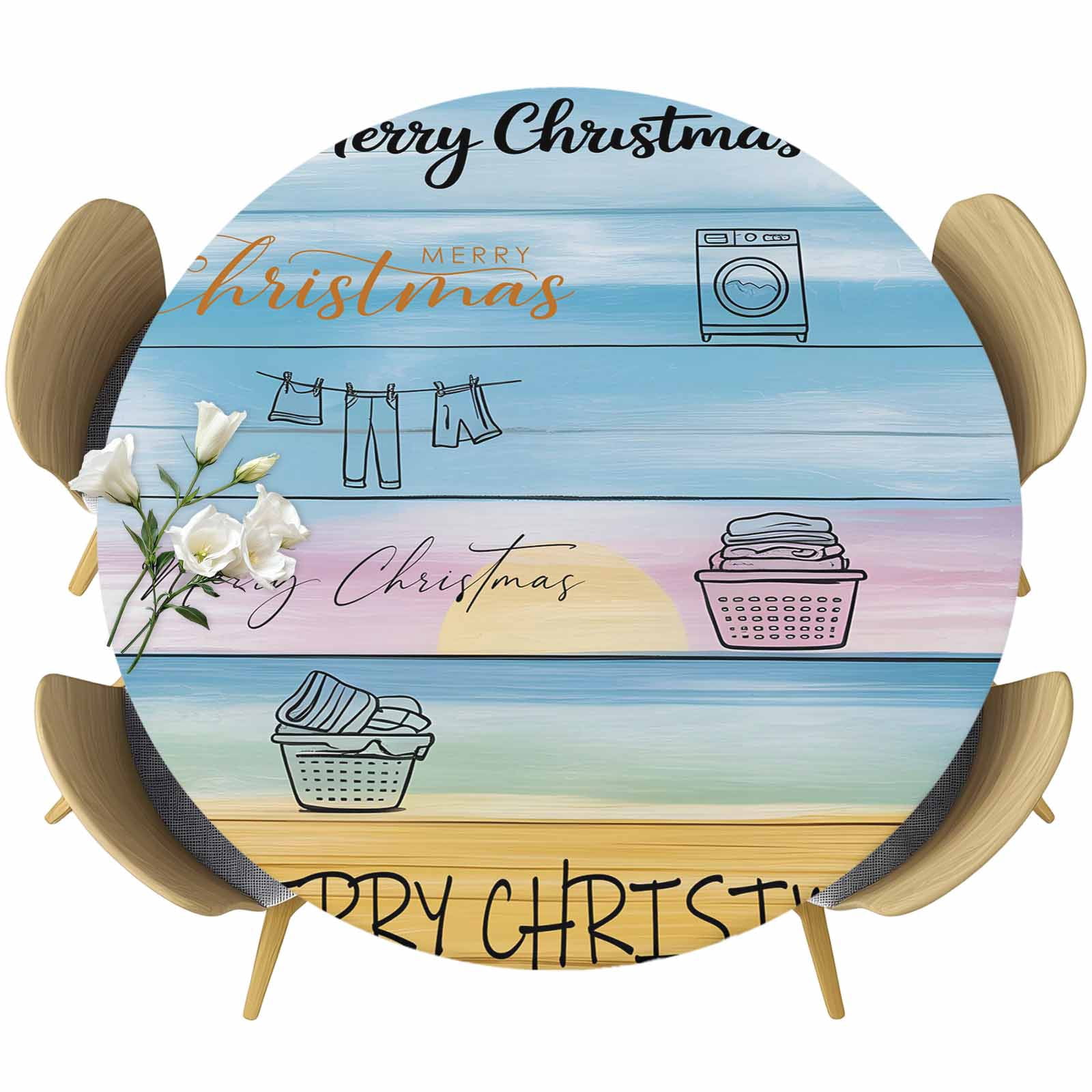 Merry Christmas Round Tablecloth, Fitted Table Cover with Elastic for ...