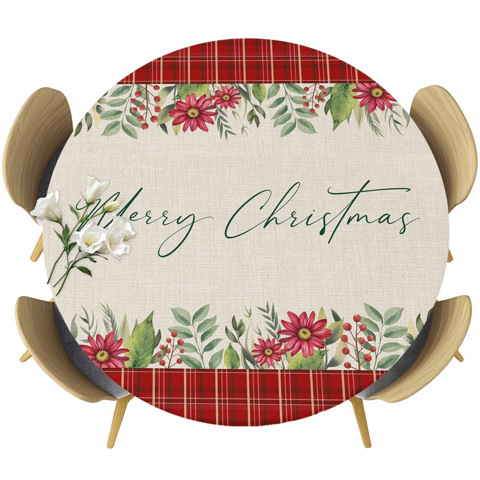 Merry Christmas Round Tablecloth, Fitted Table Cover with Elastic for ...