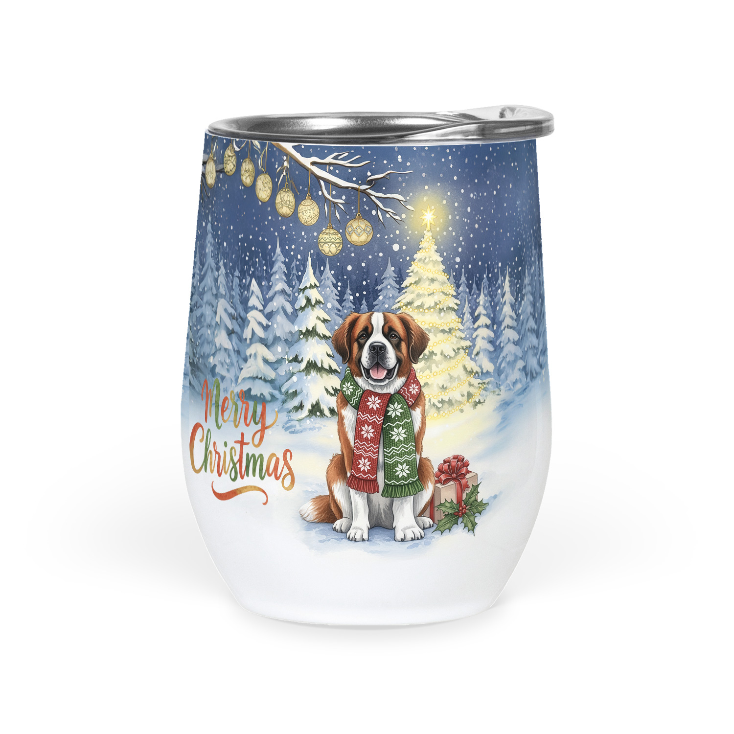 Merry Christmas Saint Bernard Snowy Winter with Gifts Tree Decorations ...