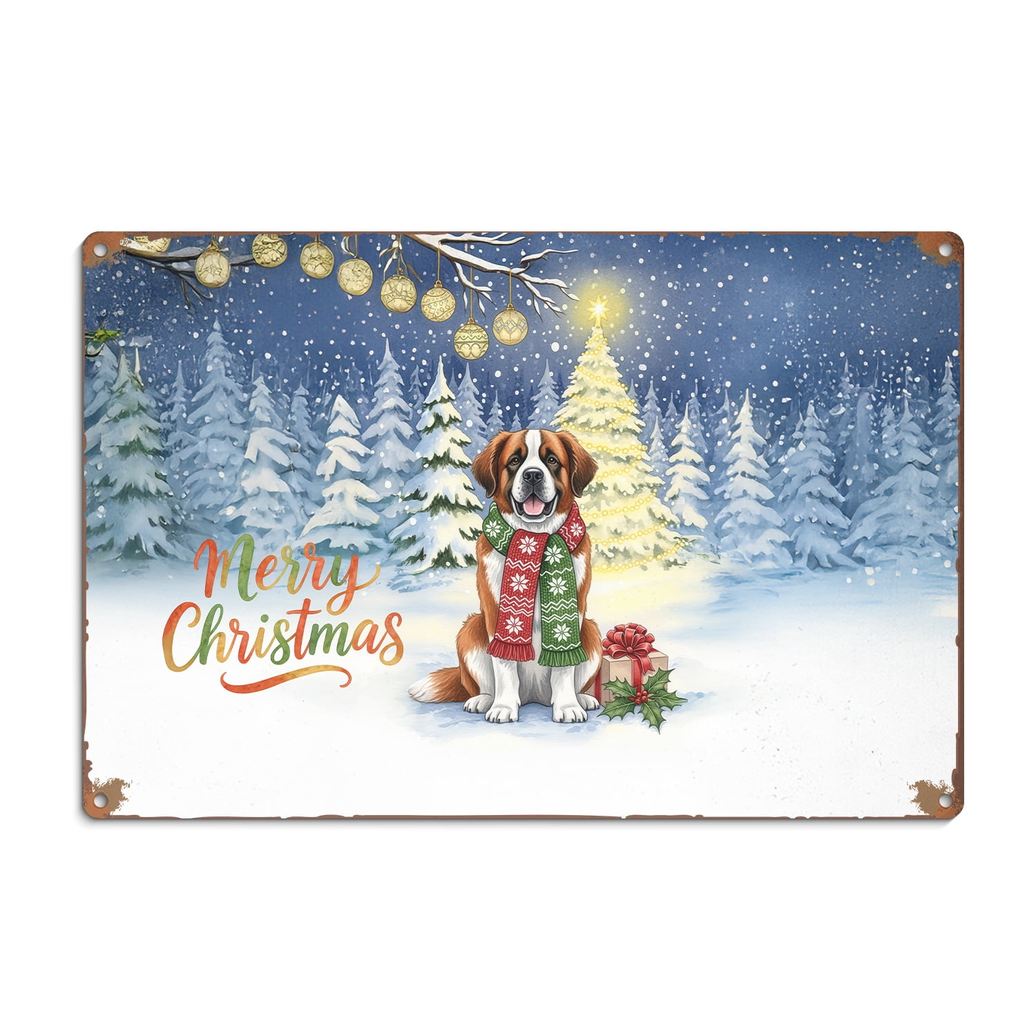 Merry Christmas Saint Bernard Snowy Winter with Gifts Tree Decorations ...