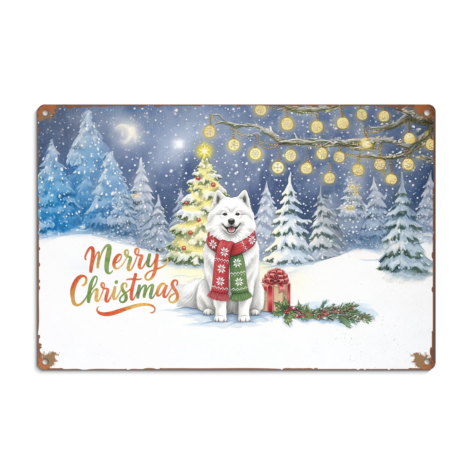 Merry Christmas Samoyed Snowy Winter with Gifts Tree Decorations ...